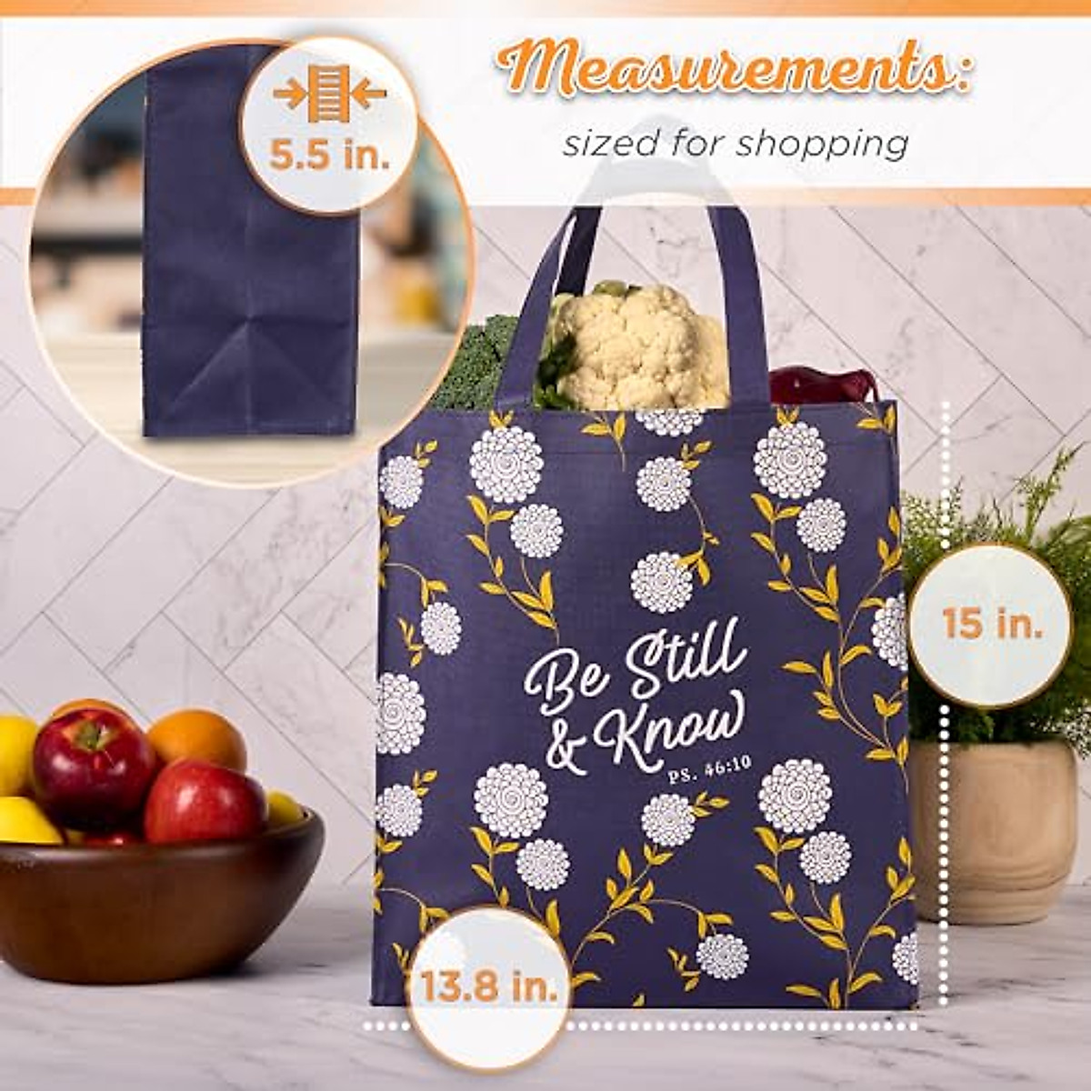 Christian Art Gifts Reusable Shopping Tote Bag for Women: Be Still & Know - Psalm 46:10 Inspirational Bible Verse, Easy-hold Collapsible Handbag for Groceries & Books, Spring White Floral, Navy Blue