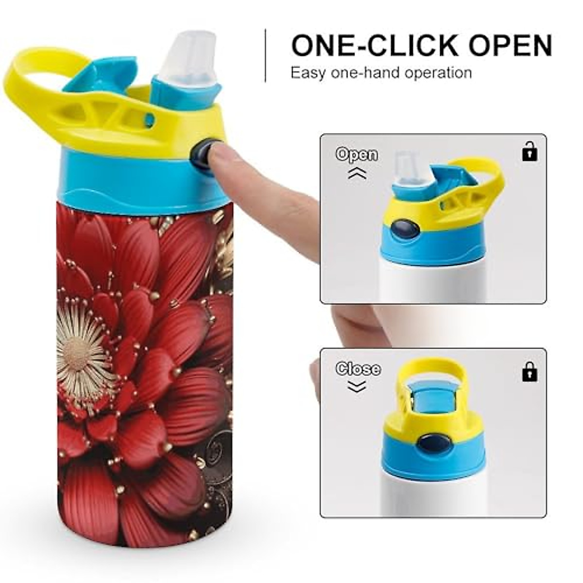 Stainless Steel Water Bottles Red Gold Flower Travel Water Cups with Handle And Silicone Straw Drinking Cup with Leak Proof Lid Thermo Travel Mug for Women Men