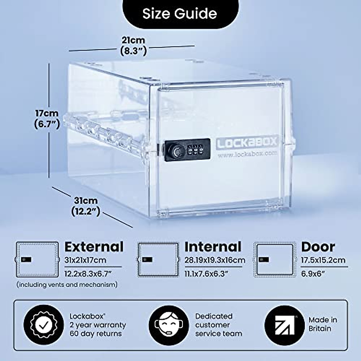Lockabox One™ | Compact and Hygienic Lockable Storage Box for Food, Medicines, Tech and Home Safety | One Size 12 x 8 x 6.6 inches externally (Crystal)
