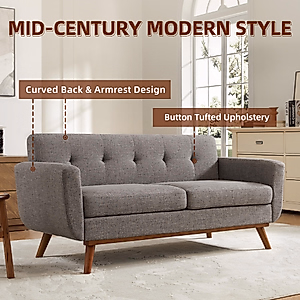 Kingfun 65.2" W Loveseat Sofa, Mid Century Modern Decor Love Seat Couches for Living Room, Button Tufted Upholstered Furniture, Solid & Easy to Install Small Couch for Bedroom Office Apartment, Grey