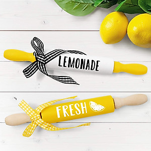 Lemon Mini Rolling Pins Wooden Tiered Tray Decorative Favors Rustic Farmhouse Yellow Fresh Lemonade Home Décor Gift Ideas Supplies Set of 2