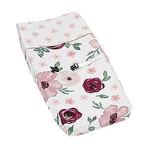 Sweet Jojo Designs Burgundy Watercolor Floral Girl Baby Nursery Changing Pad Cover - Blush Pink, Maroon, Wine, Rose, Green and White Shabby Chic Flower Farmhouse