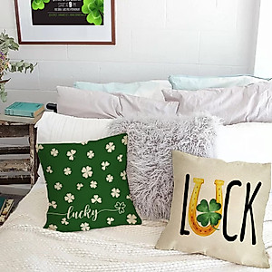 Fjfz St. Patrick's Day Luck Clover Decorative Throw Pillow Covers 18 x 18 Set of 4, Green Shamrock Horseshoe Holiday Porch Home Decor, Irish Lucky in Love Gifts Outdoor Sofa Couch Cushion Case