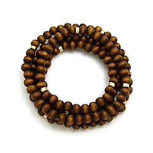 Fashion 21 Jet Black, Brown Tone 8mm 36" Wooden Bead Metal Connect Ball Bead Necklace (Brown + Gold Color Metal Joint)