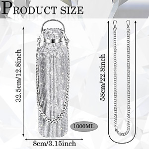 Diamond Water Bottle Bling Rhinestone Stainless Steel Thermal Bottle Refillable Water Bottle Insulated Water Bottle Glitter Water Bottle with Chain for Women Girls Gifts (Light Silver, 1000 ml)
