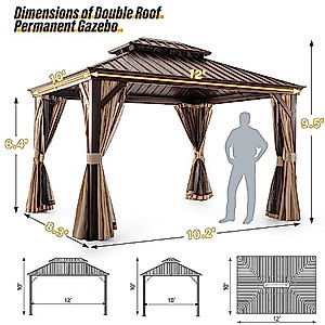 LAUSAINT HOME 10'x12' Permanent Outdoor Gazebo, Heavy Duty Metal Hardtop Double Roof Gazebos with Aluminum Frame & Enclosed Khaki Curtains and Mosquito Nettings for Lawn and Garden