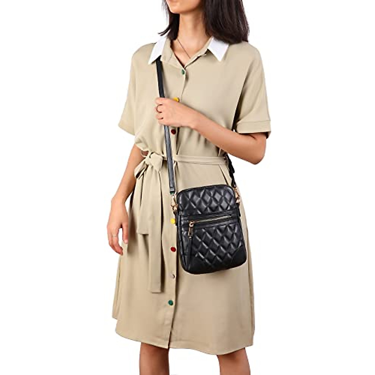 lola mae Small Quilted Crossbody Bag for Women Phone Pocket Shoulder Handbag Zipper Closure (Black)