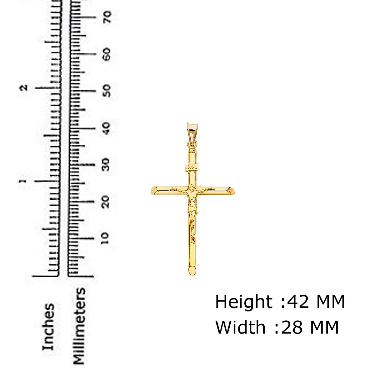 14K Yellow Gold Jesus Engraved Cross Pendant - Crucifix Charm Polish Finish - Handmade Spiritual Symbol - Gold Stamped Fine Jewelry - Great Gift for Men & Women, 42 x 28 mm, 1.6 gms