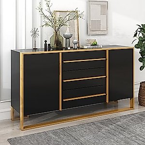 59" L Sideboard Buffet Cabinet, Modern Kitchen Storage Cabinet with 3 Drawer & 2 Doors Wood Cupboard Console Table with Gold Metal Legs Entryway Table Console Cabinet for Dining Living Room, Black