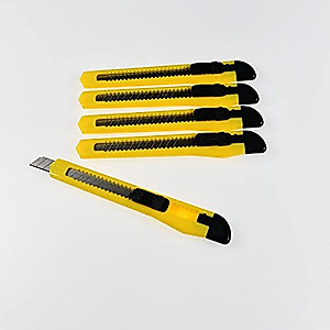 KINBRIEF 9mm Utility Knife Retractable Razor Box cutter for Cartons,Carboards compact Pack 5 with 10 Snap off Blades for Office and Home，yellow