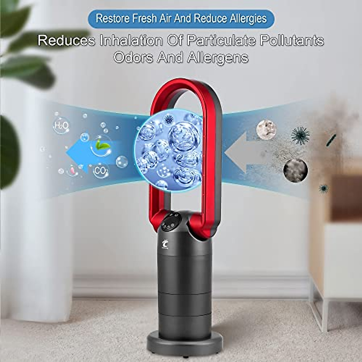 Bladeless Tower Fan & H13 HEPA Air Purifier & 1500W Space Heater 3in1, 120° Swing & 210° Tilt Head Table Fan, 29in. 35W Desk Fan with Remote, 9 Speeds 9H Timer Air Circulator for Home Office-Red