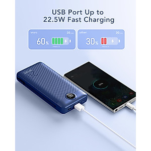 VRURC Portable Charger 20000mAh, Fast Charging Power Bank USB C,4 Output 2 Input Charging Bank Equipped with LED Display,Built-in Wall Plug and Cables,Cell Phone Replacement Battery,Blue