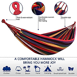 Garden Hammocks Comfortable Fabric Hammock Portable with Carrying Bag for Outdoor Patio Yard Backyard, Beach, Camping Travel, Load Capacity Up to 550 Lbs Canvas Cotton Hammocks (Rainbow)