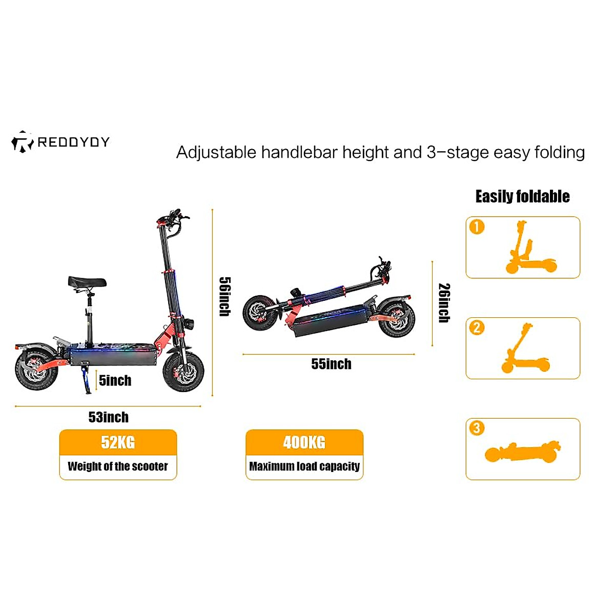 REDDYDY Electric Scooter, Max Speed 60MPH,Total Power 8000W,90 Mile Long Range Battery, 60V43AH Dual Drive, 13-inch Wheels, Portable Foldable, Off-Road Electric Scooter for Adults, black