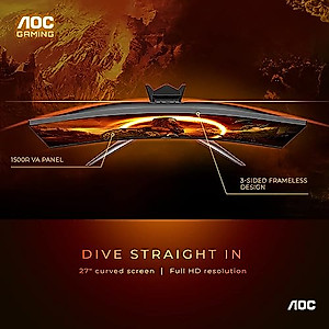 AOC C27G2Z 27" Curved Frameless Ultra-Fast Gaming Monitor, FHD 1080p, 0.5ms 240Hz, FreeSync, HDMI/DP/VGA, Height Adjustable, 3-Year Zero Dead Pixel Guarantee, Black, Xbox PS5 Switch