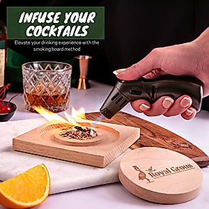 The Royal Grous Cocktail Smoker Kit with Torch - Old Fashioned Cocktail Kit - Bourbon, Whiskey Smoker Infuser Kit, Torch Kit with Chimney Smoker, Jigger, Ice Mold, Mixing Spoon, 6 Wood Chips Flavors, Smoke Board, Recipes (No Butane)