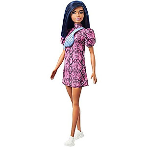 Barbie Fashionistas Doll #143 with Blue Hair Wearing Pink & Black Dress, White Sneakers & Bag, Toy for Kids 3 to 8 Years Old