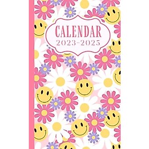 Retro Pink Smiley Face and Flowers Pocket Calendar 2023-2025 for Purse: Small Size Monthly Pocket Planner for Purse - From September 2023 to December ... - Important Dates / Password Keeper / Notes