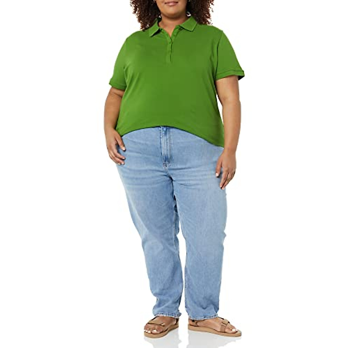 Amazon Essentials Women's Short-Sleeve Polo Shirt (Available in Plus Size), Light Olive, Large