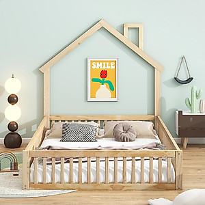 Merax Montessori Floor Bed with Fence and Door for Toddlers, Girls, Boys Pine Wood Bedframe Safety Guardrails for Children's Room, House-Shaped Headboard Kids Playroom, Full Size with Slats, Natural