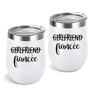 Lifecapido Girlfriend and Girlfriend Wine Tumbler Lesbian Couple Gifts, Engagement Wedding Valentine’s Day LGBT Gifts for Girlfriend, 12 Oz Stainless Steel Fiancée Wine Tumbler Set with Lids, White