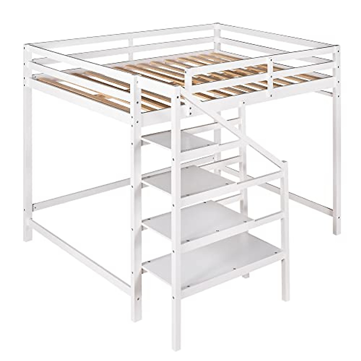 Harper & Bright Designs Full Size Loft Bed with Stairs and Hanging Rod, Wooden Full Loft Bed Frame with Storage Shelf, High Loft Beds for Kids Boys Girls Teens Dorm Bedroom (Full, White)