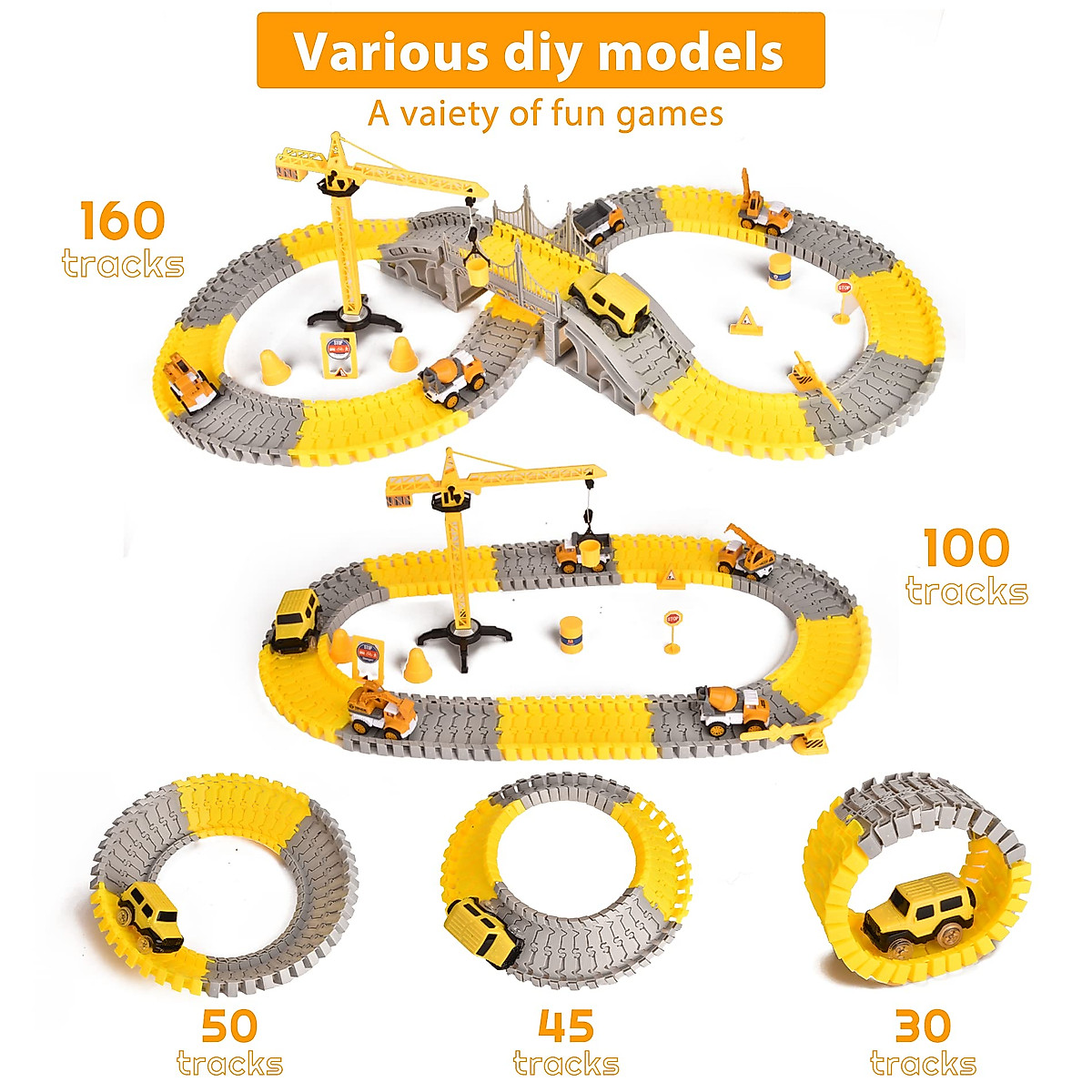 Construction Race Tracks for Kids Toys for Boys,Slot Car Race Track Sets 5 Car Toys Trucks and DIY Track,Construction Car Site Vehicles Toy Set for Ages 3 4 5 6 7 8+ Year Old Girls Boys