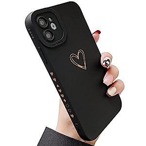 Qokey for iPhone 11 Case 6.1" 2019, Side&Back Cute Plated Love Heart with Anti-Fall Lens Cameras Cover Protection Soft TPU Shockproof Anti-Fingerprint Phone Cases for Women Girls Men - Black