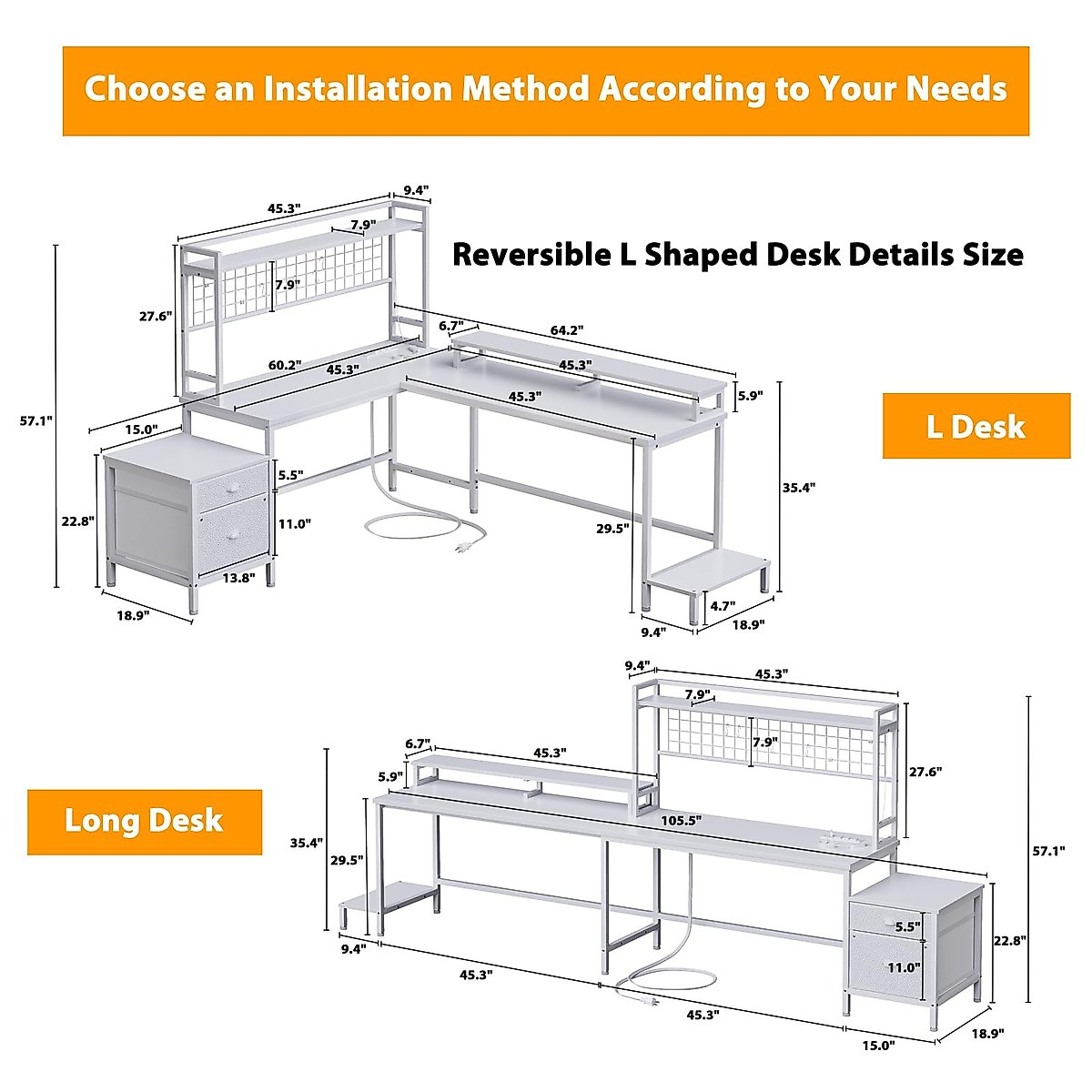 Furologee White L Shaped Gaming Desk with LED Strips and Power Outlets, 64" Reversible L Computer Office Desk with Pegboard and Fabric File Drawer, Coner Desk with Monitor Stand and Hutch