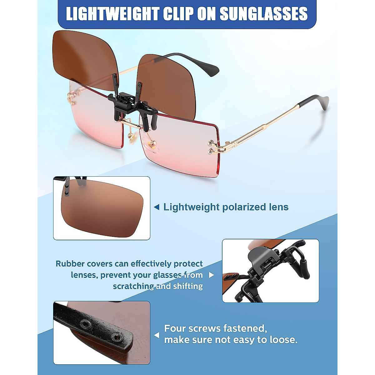 Frienda 5 Pairs Polarized Clip On Sunglasses Rimless Flip Up Anti Glare Driving Glasses (Various Color,2.24 x 1.42 Inch)