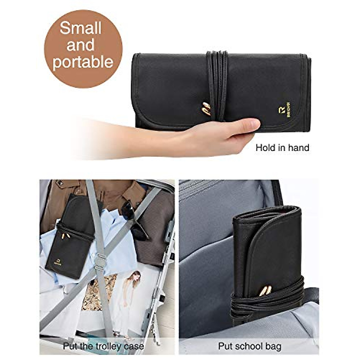 Relavel Makeup Brush Rolling Case Makeup Brush Bag Pouch Holder Cosmetic Bag Organizer Travel Portable Cosmetics Brushes Black Leather Case with Small Clear Bag