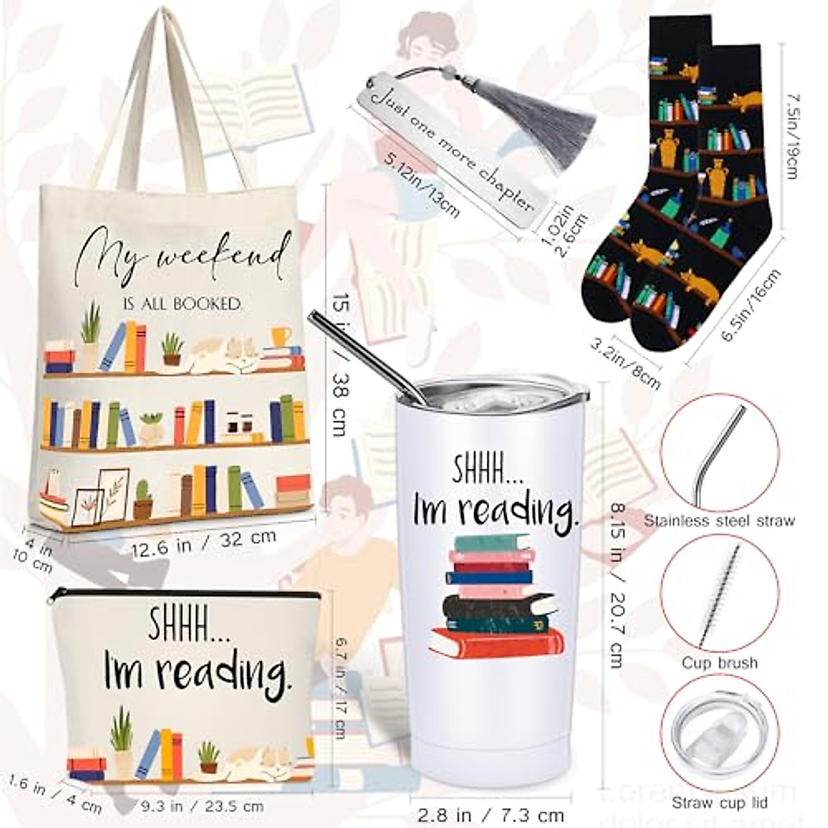 Silkfly 5 Pcs Book Lovers Gifts Set, Gifts for Book Lovers, Includes 20 oz Tumbler Socks Bookmark Tote Bag and Cosmetic Bag
