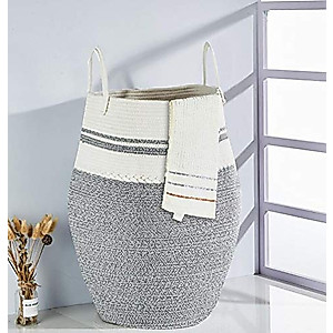 Laundry Basket Woven Cotton Rope Large Clothes Hamper 16" D x 25" H, Tall Basket with Extended Cotton Handles for Storage Clothes Toys in Bedroom, Bathroom, Foldable White and Gray by Gecious