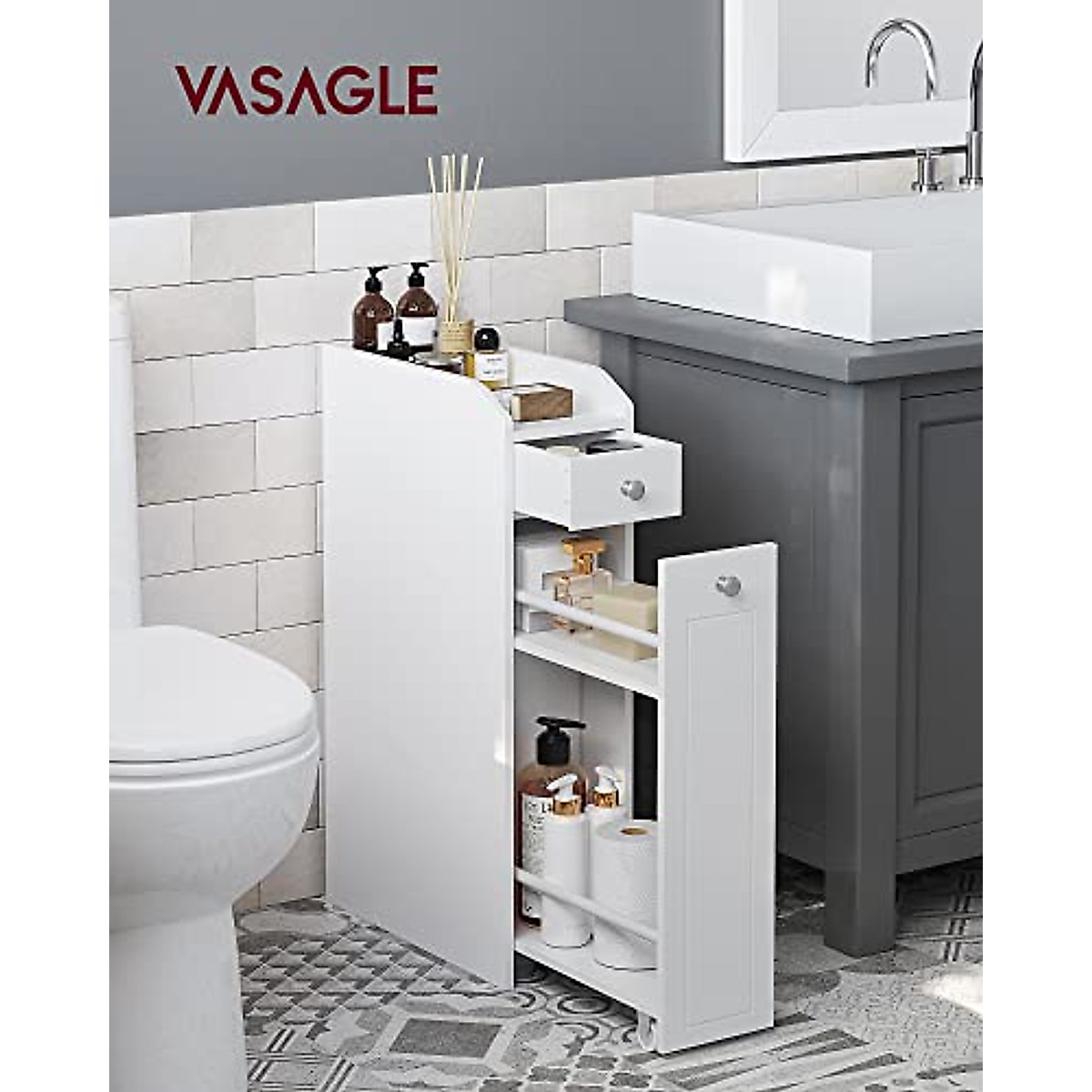 VASAGLE Small Bathroom Storage Cabinet, Slim Bathroom Storage Organizer, Toilet Paper Holder with Storage, Toilet Paper Storage Cabinet with Slide Out Drawers, for Small Spaces, White UBBC847P31