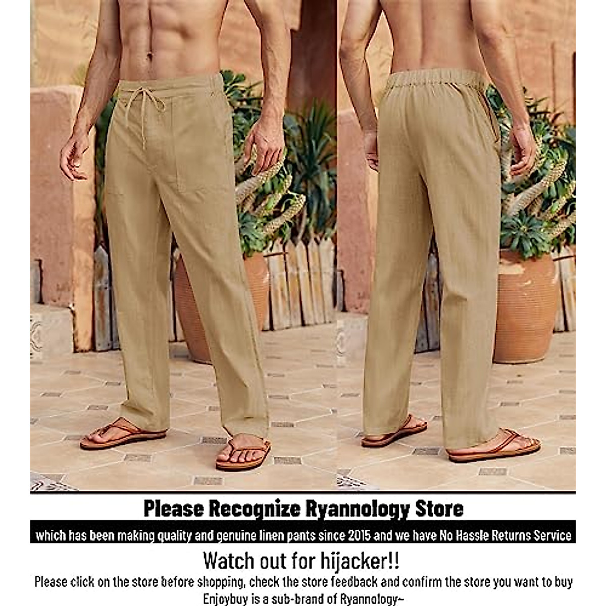 Enjoybuy Men Linen Drawstring Pants Beach Golf Elastic Waist Spring Long Casual Loose Summer Yoga Cotton Jogger Trousers 1