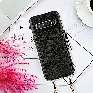 Samsung Galaxy S10+ Case, ZVE Galaxy S10 Plus Wallet Case with Credit Card Holder Slot Crossbody Chain Handbag Purse Zipper Case Cover for Samsung Galaxy S10 Plus (2019), 6.4 inch - Black