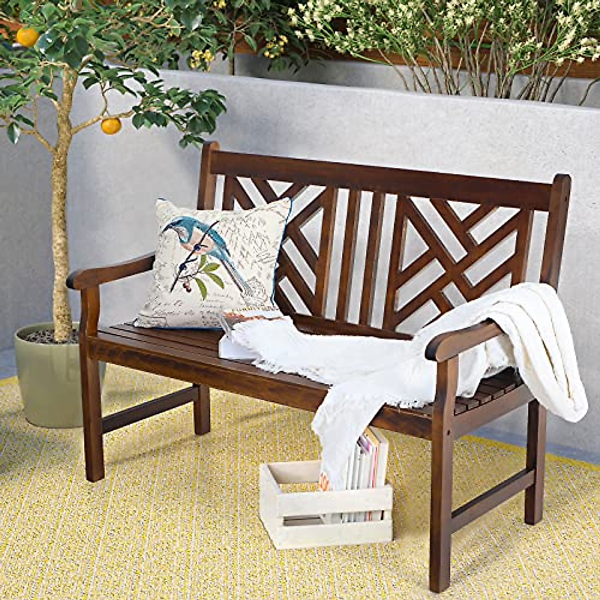 Sophia & William Outdoor Patio Poplar Wood Bench Walnut, PU Painting Wooden Bench with Backrest and Armrests for Porch, Pool, Garden, Lawn, Balcony, Backyard and Indoor, Load Capacity: 500 lbs, 1 Pack