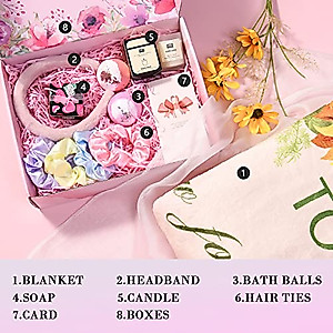 Gifts for Mom, Mothers Birthday Gifts Blanket 50 * 60 inch Basket for Mom Self Care Women Gift Box to My Mom from Daughter Son Includes Bath Balls Candle Soap Headband Hair Ties