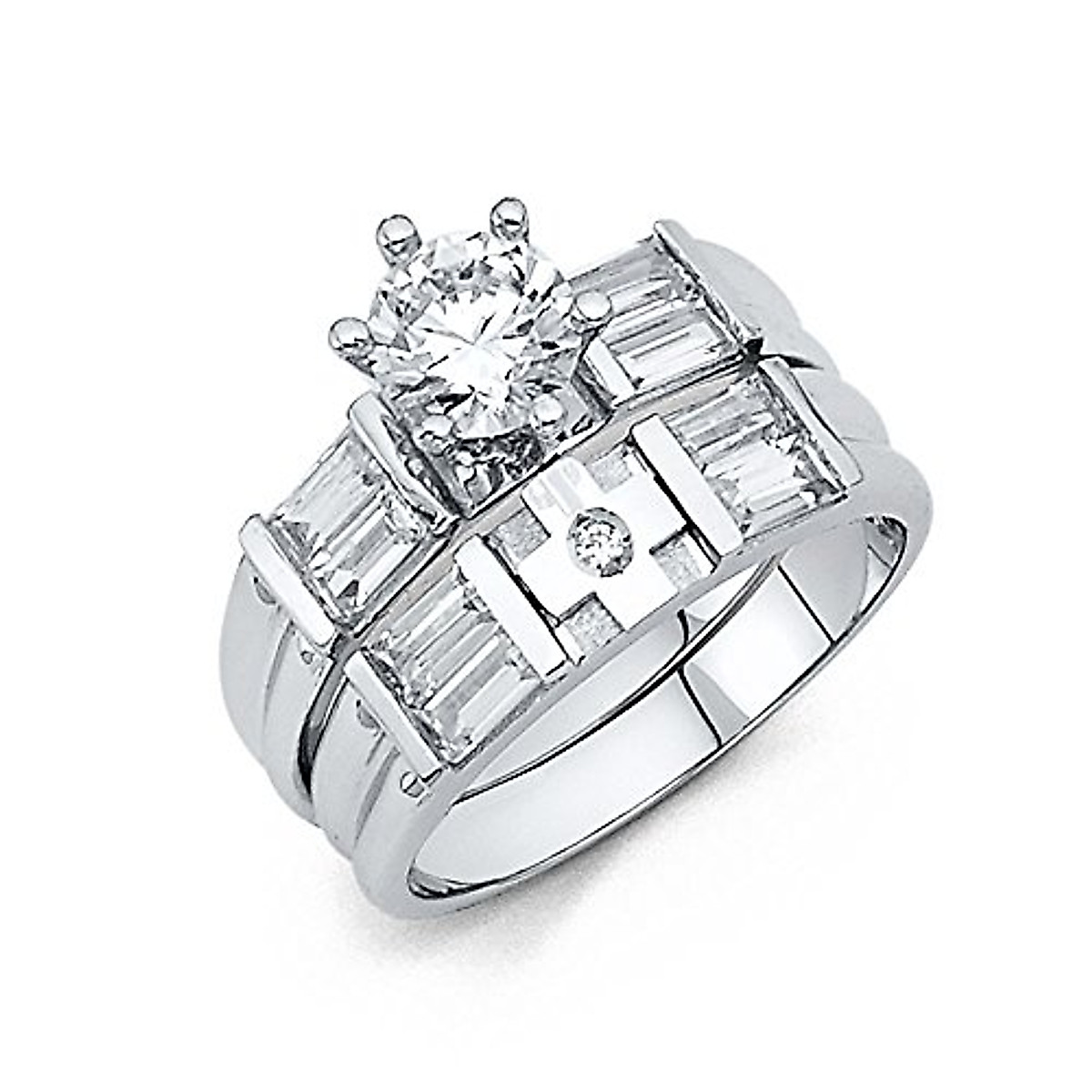 TWJC 14k White Gold Solid and Engagement Ring and Wedding Band 2 Piece Set - Size 4