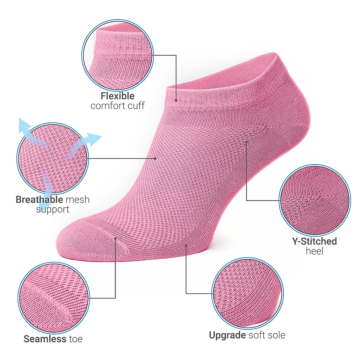 Duna Premium Womens Socks, Ultra Thin Breathable Cotton Socks for Women, Athletic Running Low Cut No Show Ankle Socks - 4 Pairs, Pink