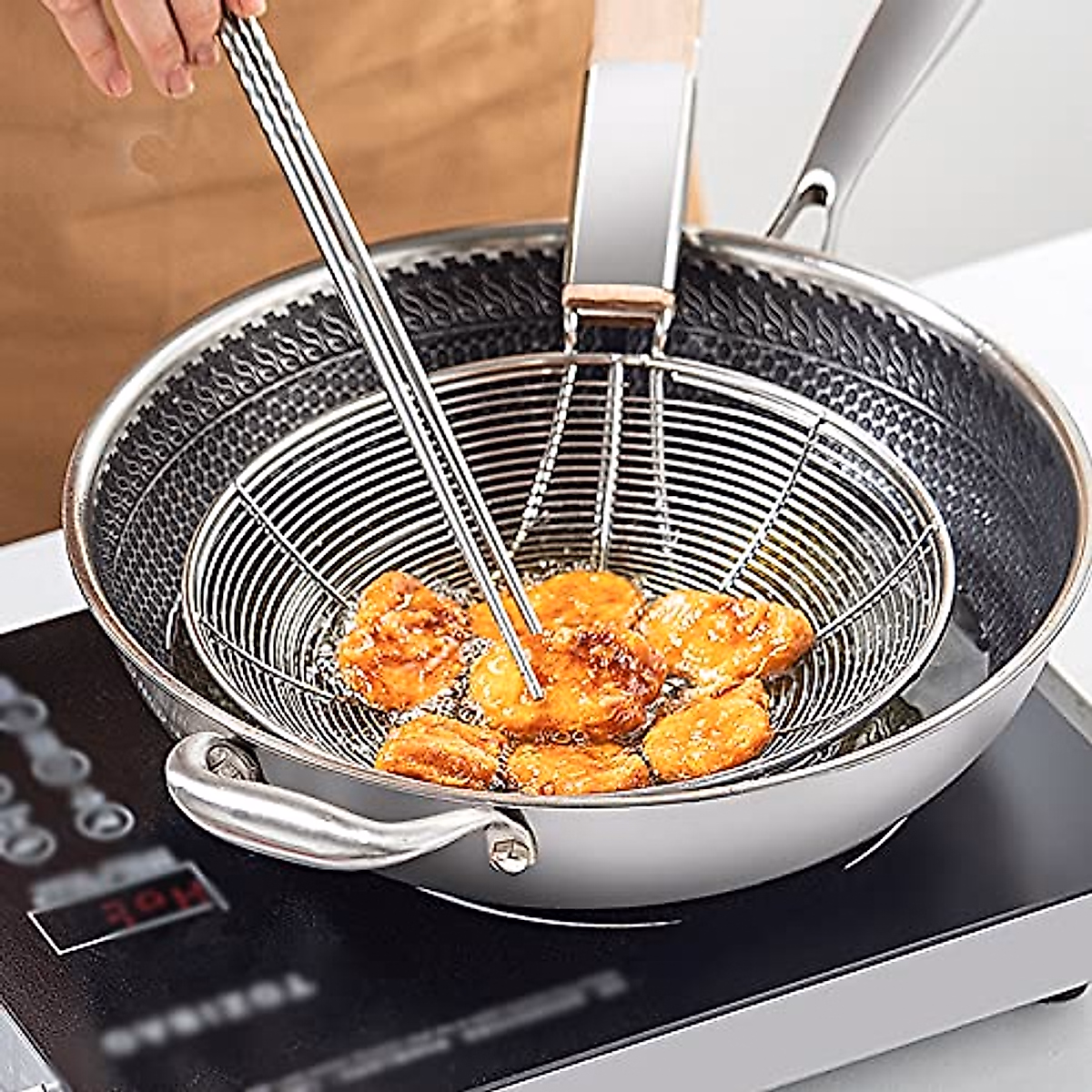 TEMKIN Chip Basket Large Stainless Steel Frying Basket with Long Handle and Bold Commercial French Fries Basket Household Fried Food Filter Kitchen Cooking Tools Basket