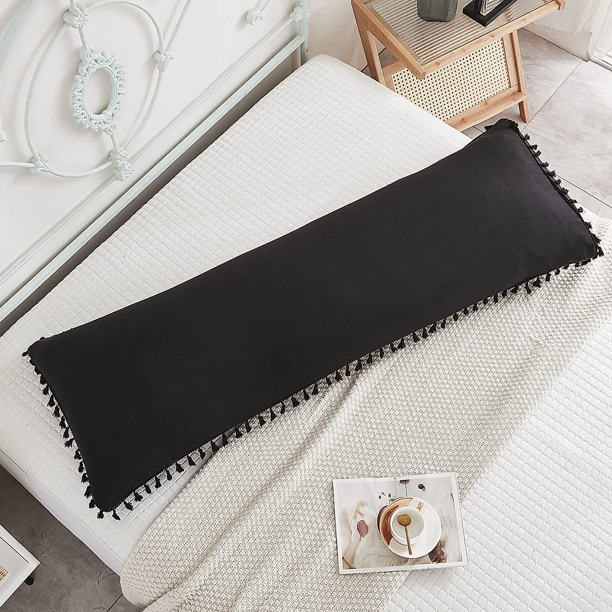 Black Body Pillow Cover Boho Body Pillowcase with Pocket Closure Shabby Chic Tassel Fringed Bohemian Bedroom Decor Decorative Pillowcases for Sofa Bed(Body, Black)
