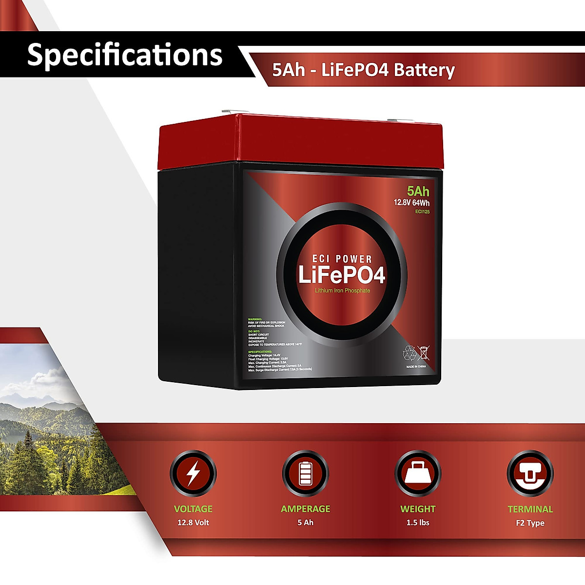 ECI Power 8 Pack 12V 5Ah Lithium LiFePO4 Deep Cycle Rechargeable Battery | 2000-5000 Life Cycles & 10-Year Lifetime | Built-in BMS