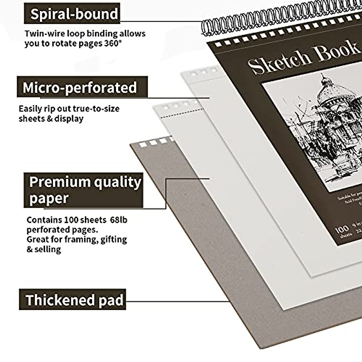 9 x 12 inches Sketch Book, Top Spiral Bound Sketch Pad, 1 Pack 100-Sheets (68lb/100gsm), Acid Free Art Sketchbook Artistic Drawing Painting Writing Paper for Kids Adults Beginners Artists