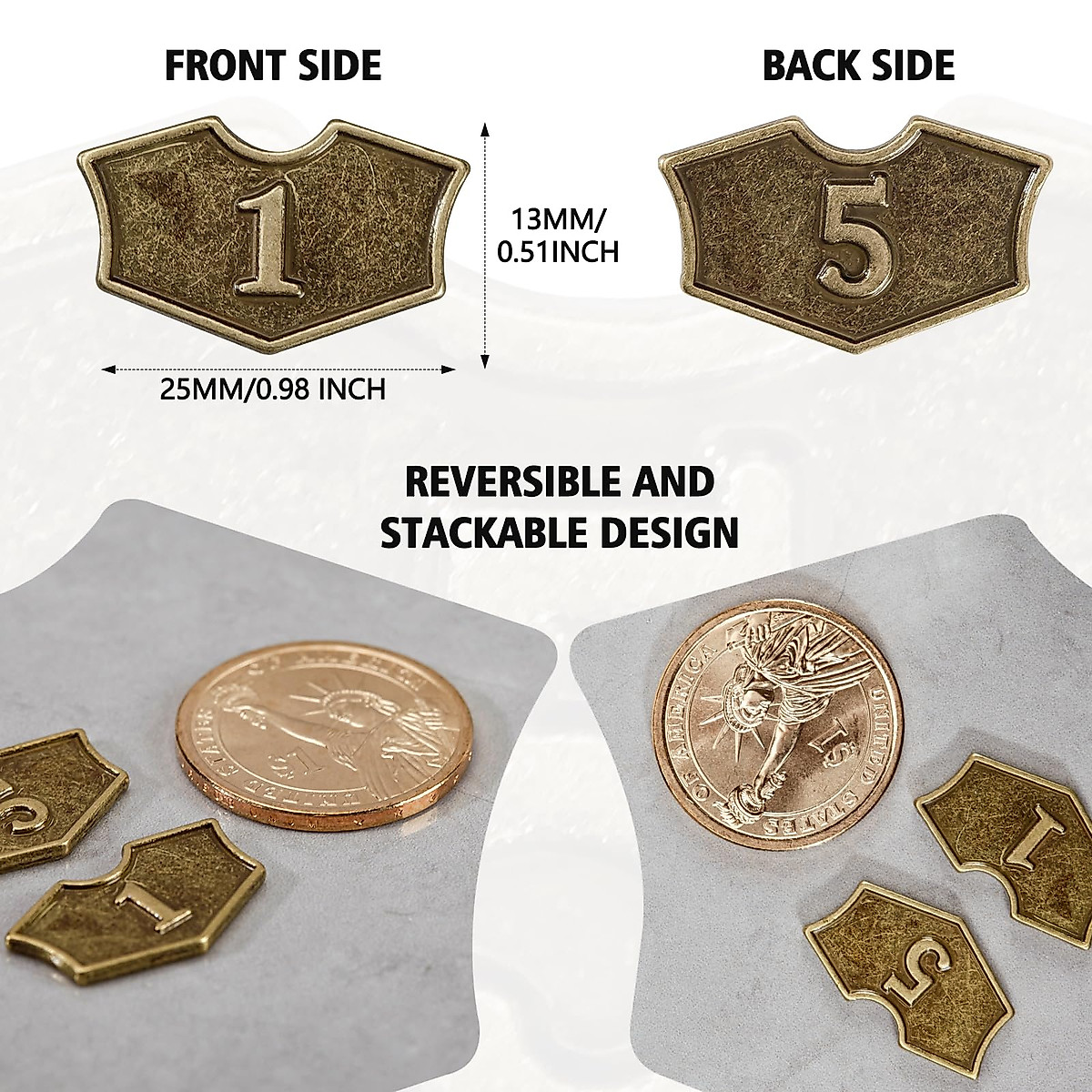 50 Pieces Magic Gathering Counters Tokens Antique Gold Metal Tokens Counters Creature Stats or Loyalty Counters Double Sided Compatible with MTG and CCG Card Gaming Accessories with Velvet Drawstring