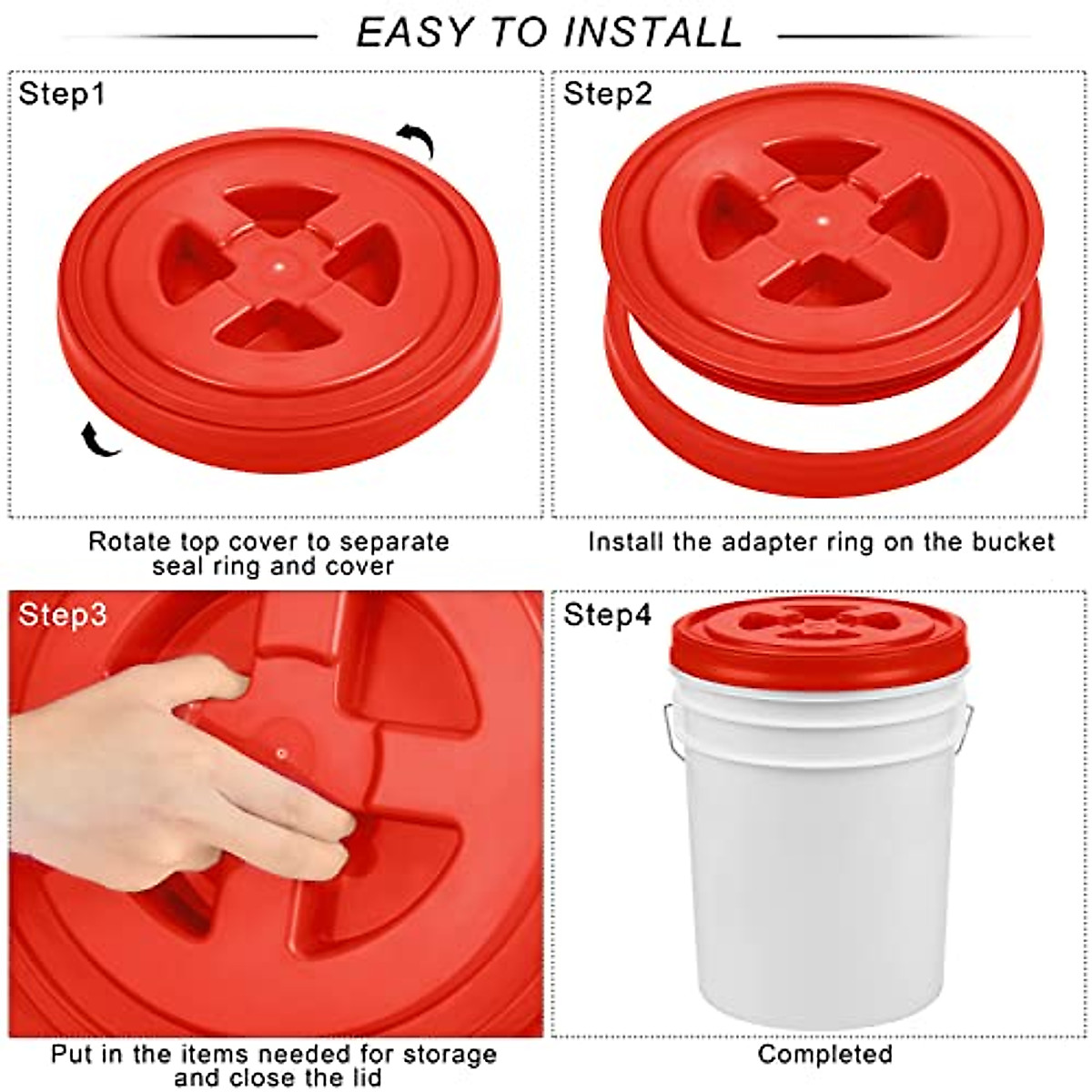 Aodaer 6 Pieces 5 Gallon Seal Lid Bucket Lids Leak Proof Screw Top Sets Plastic Storage Bucket Seal Lids for Cereals Grain Pet Food Coatings Paint Storage, Black, Red, Green, White, Blue, Orange