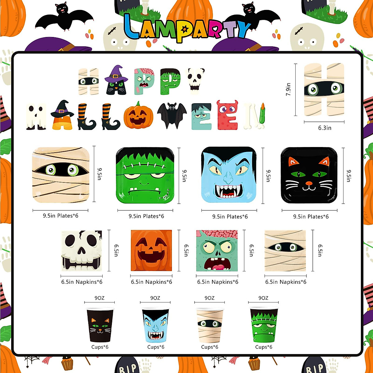Halloween Party Supplies Kit for 24 Guests - Halloween Design with Disposable Dinner & Dessert Plates, Napkins, Cups, Tablecloth, and Banner -for Halloween Birthday Party Decorations