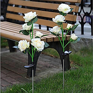 HDNICEZM Solar Garden Lights Outdoor Decorative - 2 Pack Upgraded Realistic 5 Rose Flowers Lights LED Solar Stake Lights Waterproof for Garden Backyard Patio Pathway Courtyard Decoration (White)