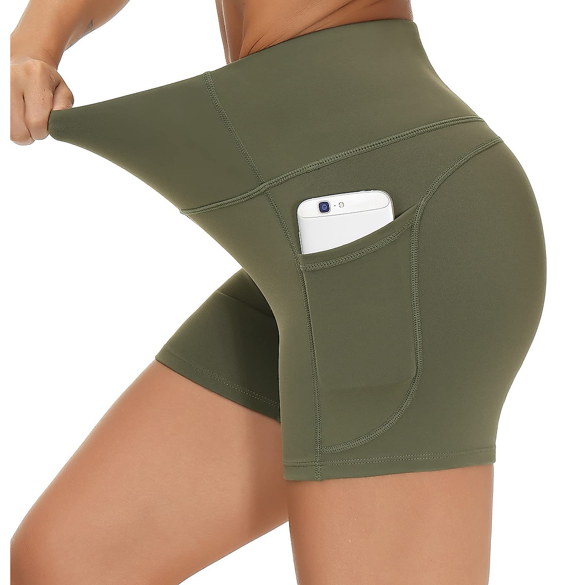 THE GYM PEOPLE High Waist Yoga Shorts for Women's Tummy Control Fitness Athletic Workout Running Shorts with Deep Pockets (Small, Olive Green)