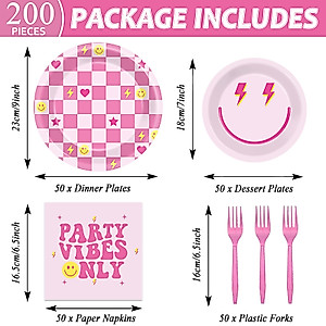 200Pcs Preppy Party Supplies Pink Smile Face Paper Plates Napkins Preppy Smile Face Party Tableware Set Preppy Smile Face Dinnerware for Birthday Party Bachelor Baby Shower Decoration Serve 50